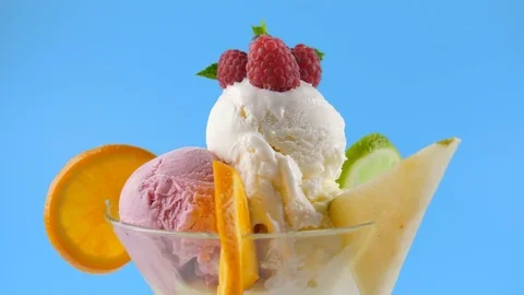 Mixed ice cream in sundae glass cup with... | Stock Video | Pond5