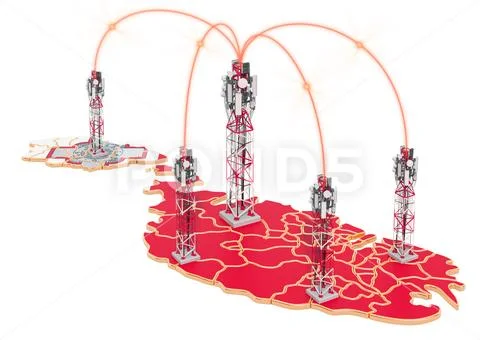 Mobile communications in Malta, cell towers on the map. 3D rendering: Graphic #109009537