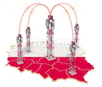 Mobile communications in Poland, cell towers on the map. 3D rendering ~ Clip Art #109009555