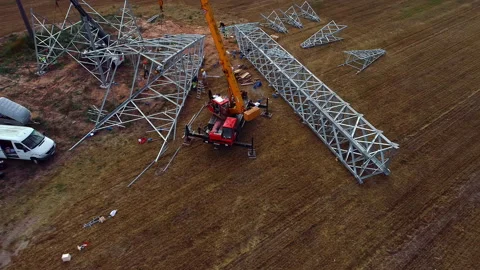 Mobile Crane At Pylon Tower Assembly And... | Stock Video | Pond5