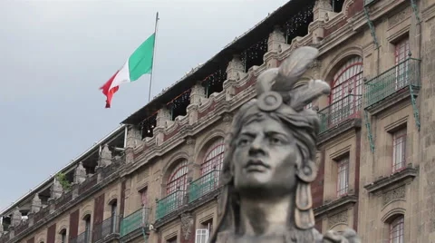 Moctezuma's statue, mexican flag waving.... | Stock Video | Pond5
