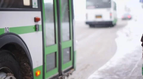 Modern city bus arrive at bus stop | Stock Video | Pond5