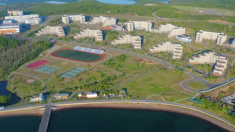 A modern complex of buildings on the sho... | Stock Video | Pond5