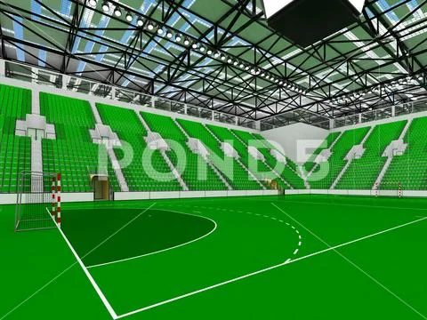 Modern handball arena with green seats and VIP boxes Illustration #76104832
