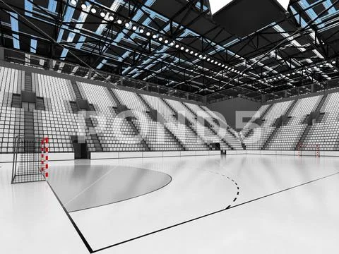 Modern handball arena with white seats and VIP boxes: Graphic #76102285