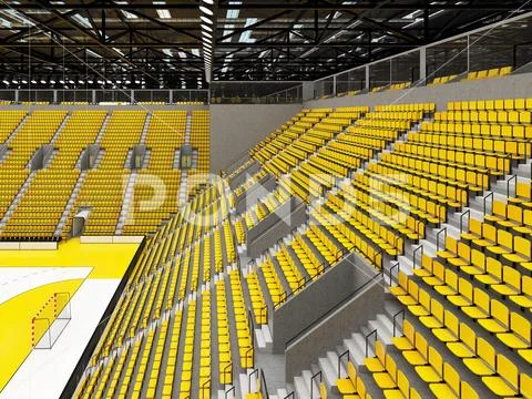 Modern handball arena with yellow seats and VIP boxes: Graphic #76105105