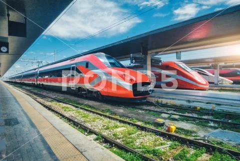 Photograph: Modern intercity passenger trains on the railway station ...