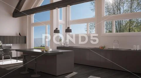 Modern kitchen in classic villa, loft, big panoramic windows on summer ...