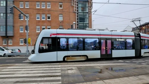 Modern light rail line running through t... | Stock Video | Pond5