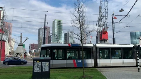 Modern RET tramway passes by. Skyline of... | Stock Video | Pond5