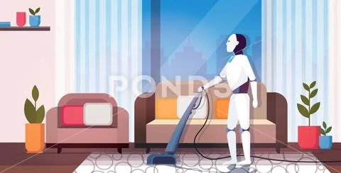 Modern robot using vacuum cleaner robotic character doing housework ...