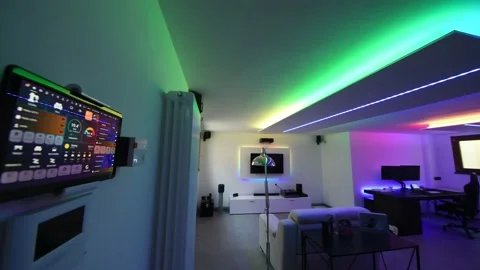 A modern room illuminated by led strips,... | Stock Video | Pond5