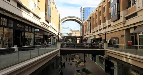 Modern shopping mall outdoor walk stores... | Stock Video | Pond5