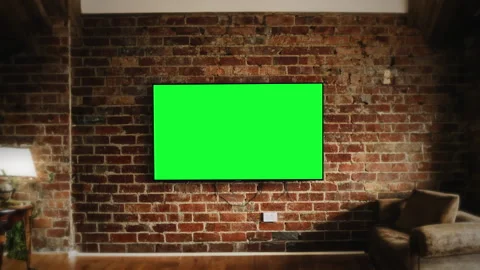 Modern TV Green Screen Brick Wall Inside... | Stock Video | Pond5