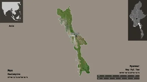 Mon location. Myanmar. Satellite map | Stock Video | Pond5