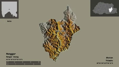 Monggar location. Bhutan. Relief map | Stock Video | Pond5