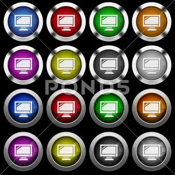 Monitor white icons in round glossy buttons on black background ~ Clip ...