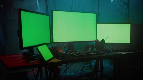 Monitors with green screen arranged side... | Stock Video | Pond5