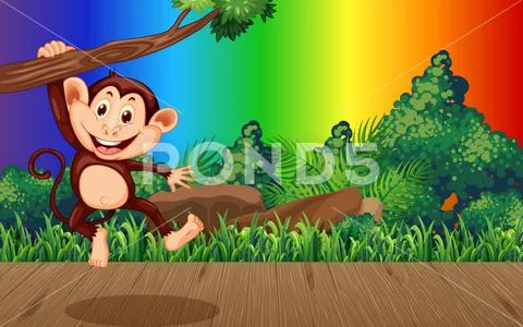 Monkey in the forest on gradient rainbow background: Royalty Free ...