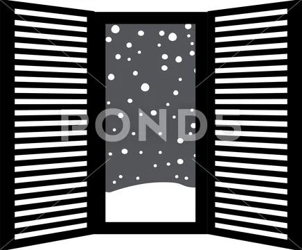 Monochrome Open window frame with falling snow Illustration #130293432