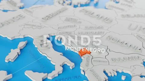 Montenegro highlighted on a white simplified 3D world map. Digital 3D ...