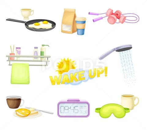 Morning time symbols set. Breakfast food, bathroom accessories and ...