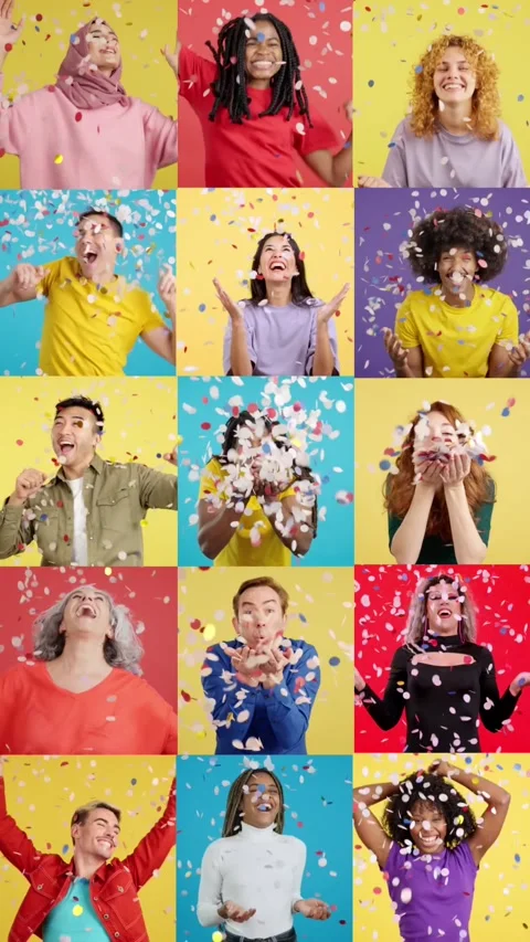 Mosaic of happy people surrounded by con... | Stock Video | Pond5