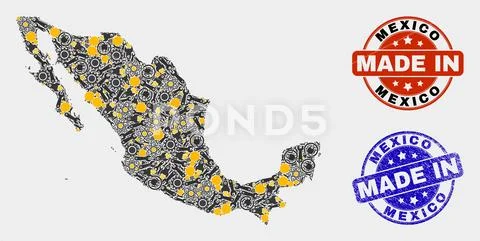 Mosaic Mexico Map of Industrial Elements and Made In Grunge Seal ...