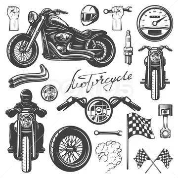 Motorcycle, driver, icon set. motorbike helmet, piston, wheel, headlamp ...