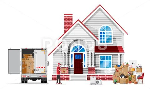 Moving to new house. Family relocated to new home.: Graphic #142343573