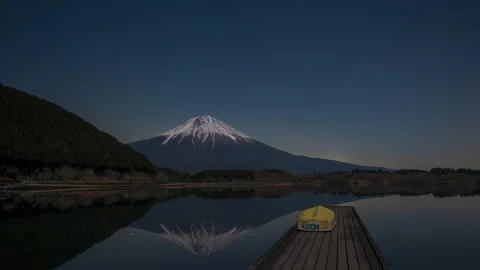 Mt Fuji starry night sky with at Lake Ta... | Stock Video | Pond5