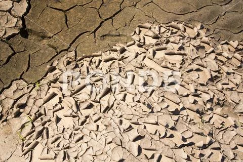 Mud cracks in dried up flood sediment lying on former farmland ...