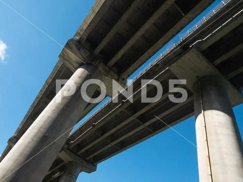 Multiple Lane Highway bridge with reinforced concrete columns. Bottom ...