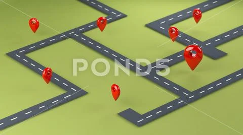 Multiple red location pins on simple road map shipping concept, 3d ...