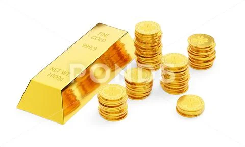 Multiple stacks of gold money coins and gold bar, ingot or bullion over ...