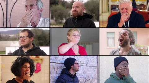 Multiscreen of 9 diverse people yawning | Stock Video | Pond5