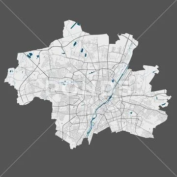 Munich map. Detailed map of Munich city poster with streets, water ...