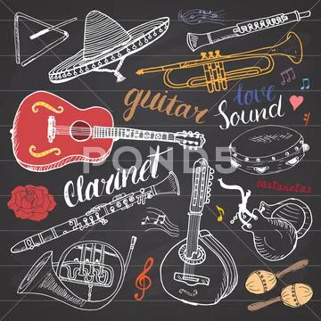 Music Instruments Set. Hand Drawn Sketch, Vector Illustration On ...