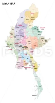 Myanmar administrative map with regions and districts: Graphic #112993529
