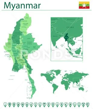 Myanmar detailed map and flag. Myanmar on world map. Illustration ...