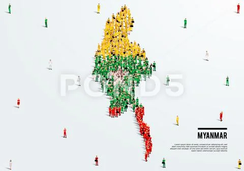 Myanmar Map and Flag. A large group of people in the Burma flag color ...