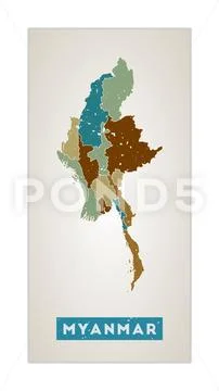 Myanmar map. Country poster with regions. Old grunge texture. Shape of ...