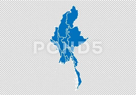 Myanmar map - High detailed blue map with counties/regions/states of ...
