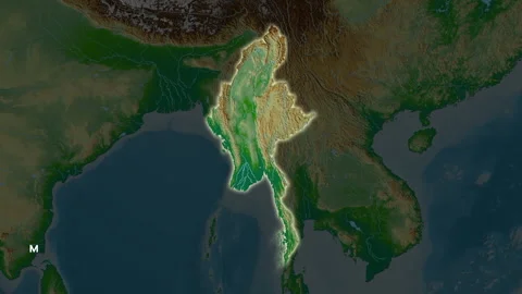 Myanmar map - solid. Glow. Physical. Lab... | Stock Video | Pond5