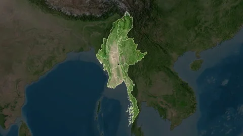 Myanmar map - zoom. Regions. Satellite. | Stock Video | Pond5