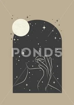 Mystical drawing with face, moon and stars poster. Astrology or sacred ...