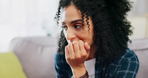 Nails, biting and woman with anxiety, st... | Stock Video | Pond5