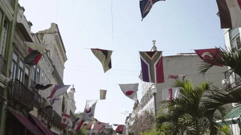 National flags hanging in a street durin... | Stock Video | Pond5