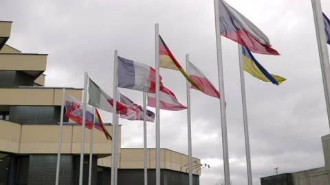 National flags in the wind in front of a... | Stock Video | Pond5