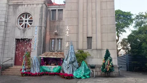 A nativity crib scene is on display outs... | Stock Video | Pond5